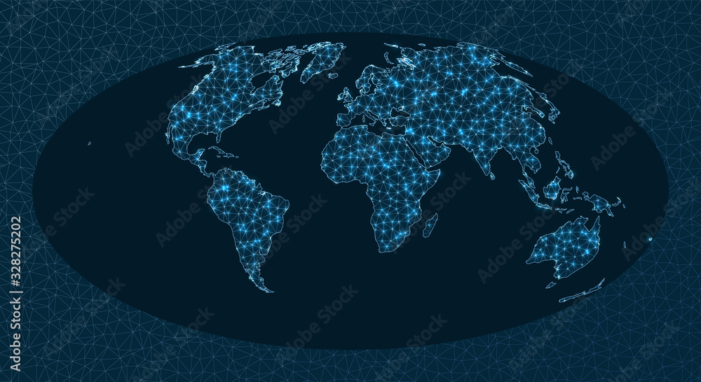 Communications map of the world. Aitoff projection. World Network ...