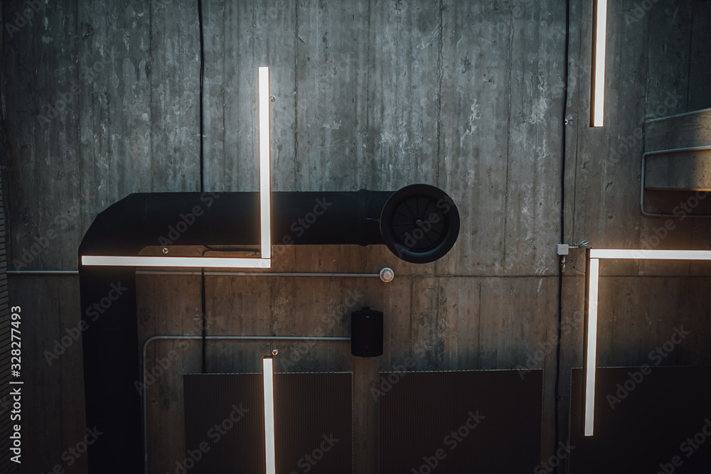 View on modern led lightning hanging from ceilings, industrial building ...