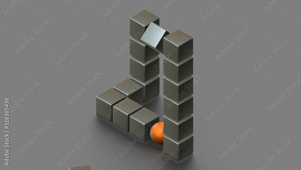 3D rendering of an impossible figure consisting of metal cubes and a single Golden ball ...