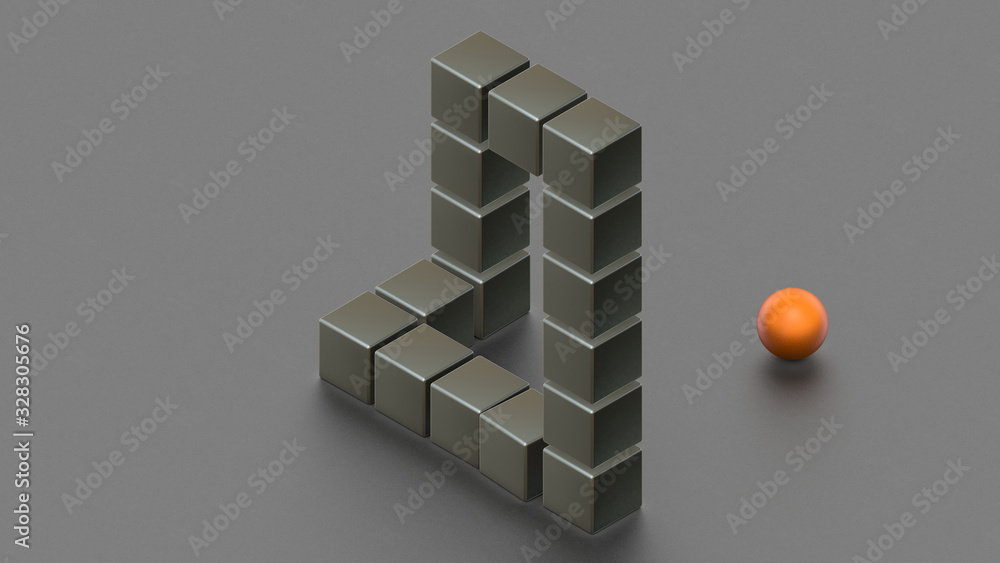 3D rendering of an impossible figure consisting of metal cubes and a ...