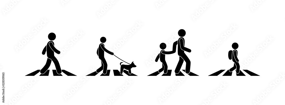 pedestrian icon, stick figure man character set isolated silhouettes ...