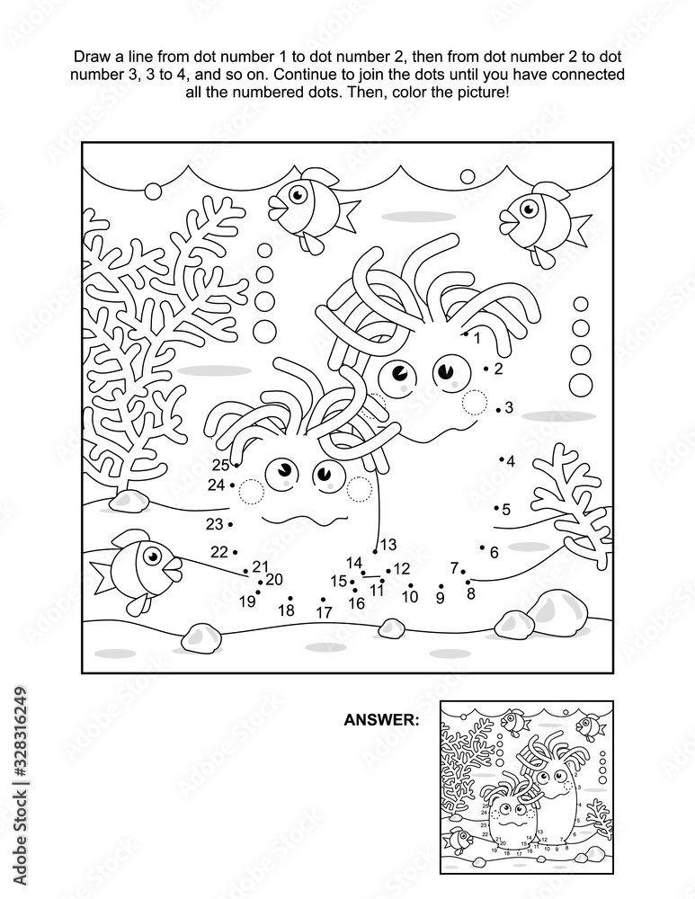 Connect the dots picture puzzle and coloring page, underwater life ...