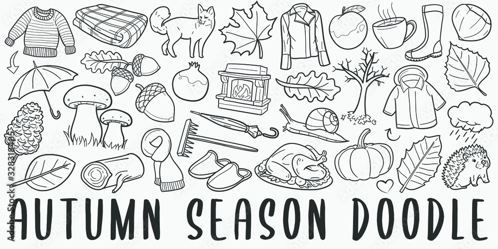 Autumn Season Fall Doodle Line Art Illustration. Hand Drawn Vector Clip ...