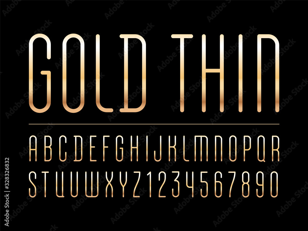 High thin golden font, trendy condensed alphabet sans serif, modern ...