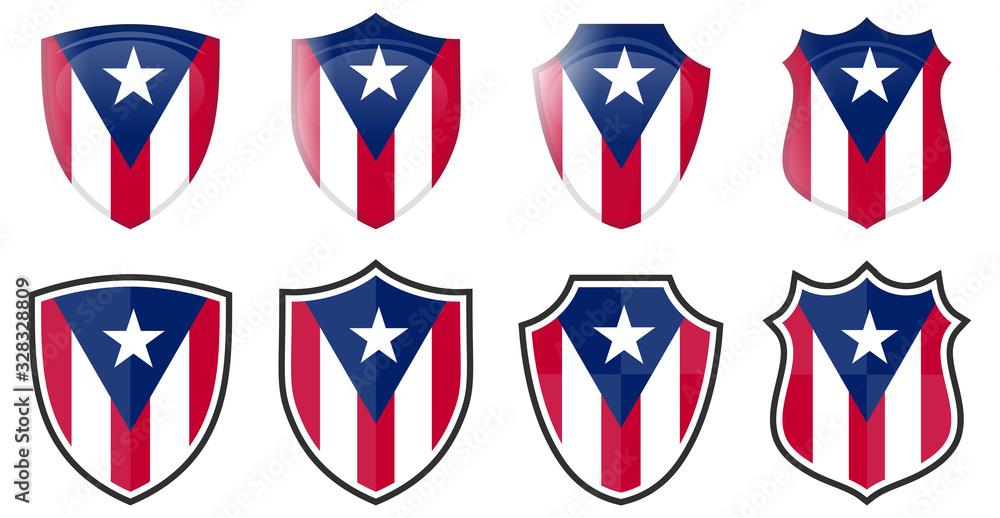 Vertical Puerto Rico flag in shield shape, four 3d and simple versions ...