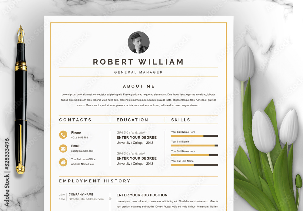 Resume Layout with Gold Accents Stock Template | Adobe Stock