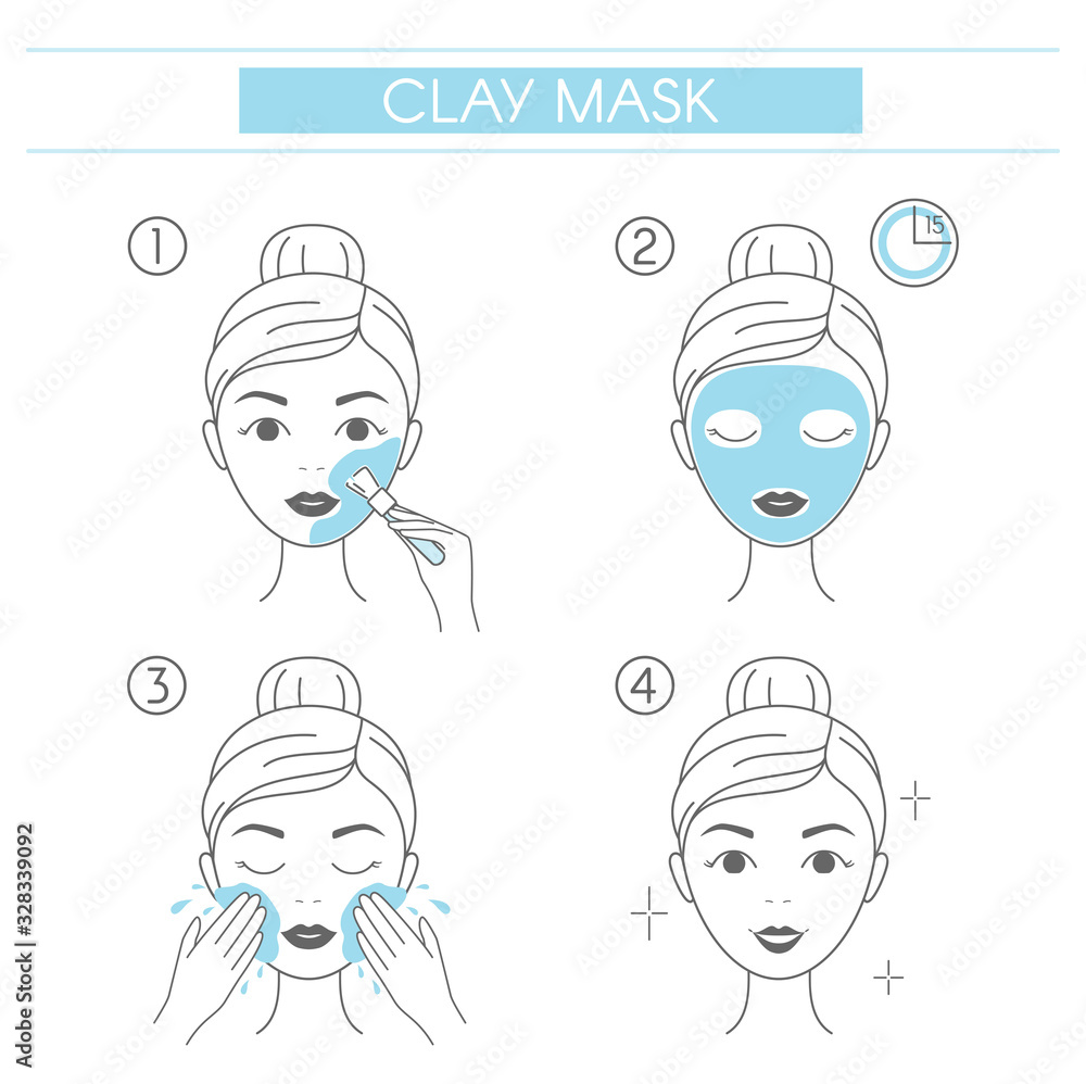 Steps how to apply facial cosmetic clay mask. Line vector elements on a ...