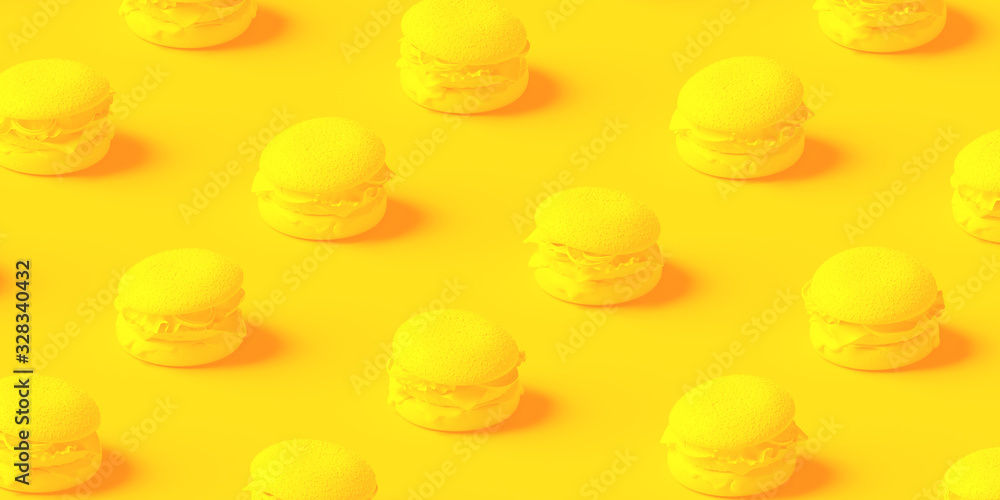 Hamburger fast food pattern one color yellow background. Burger art ...