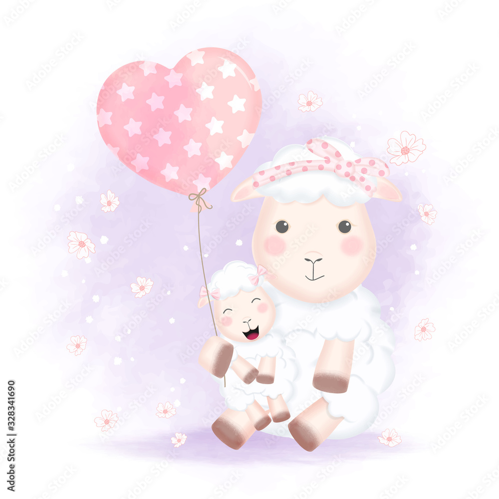Cute baby sheep and mother with balloon hand drawn cartoon illustration ...