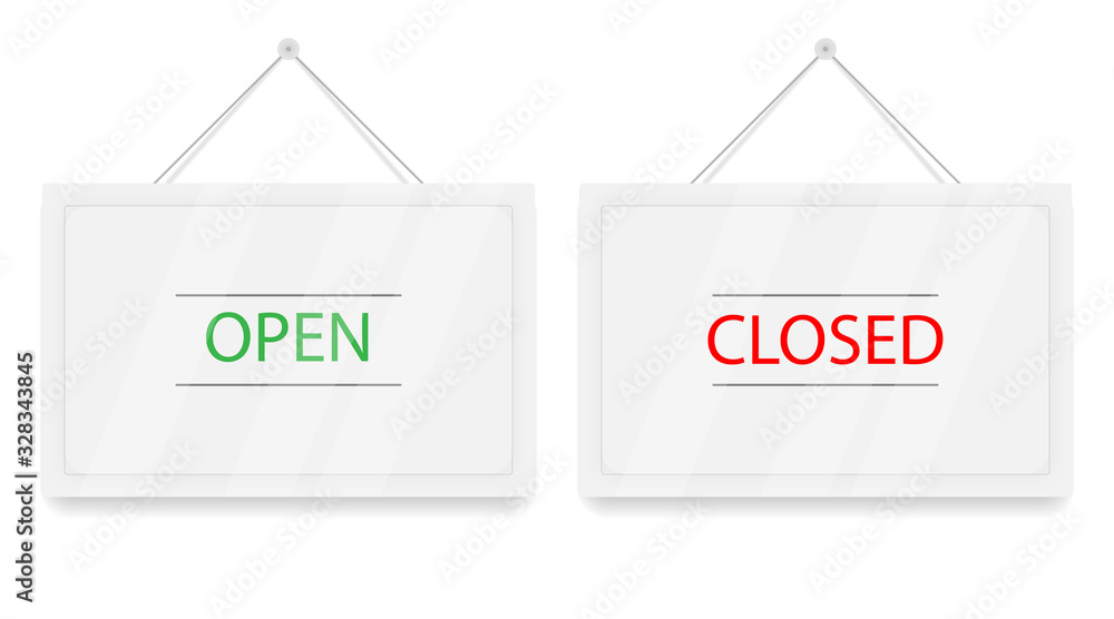 Red Closed and green Open hanging door signs. White sign with shadow ...