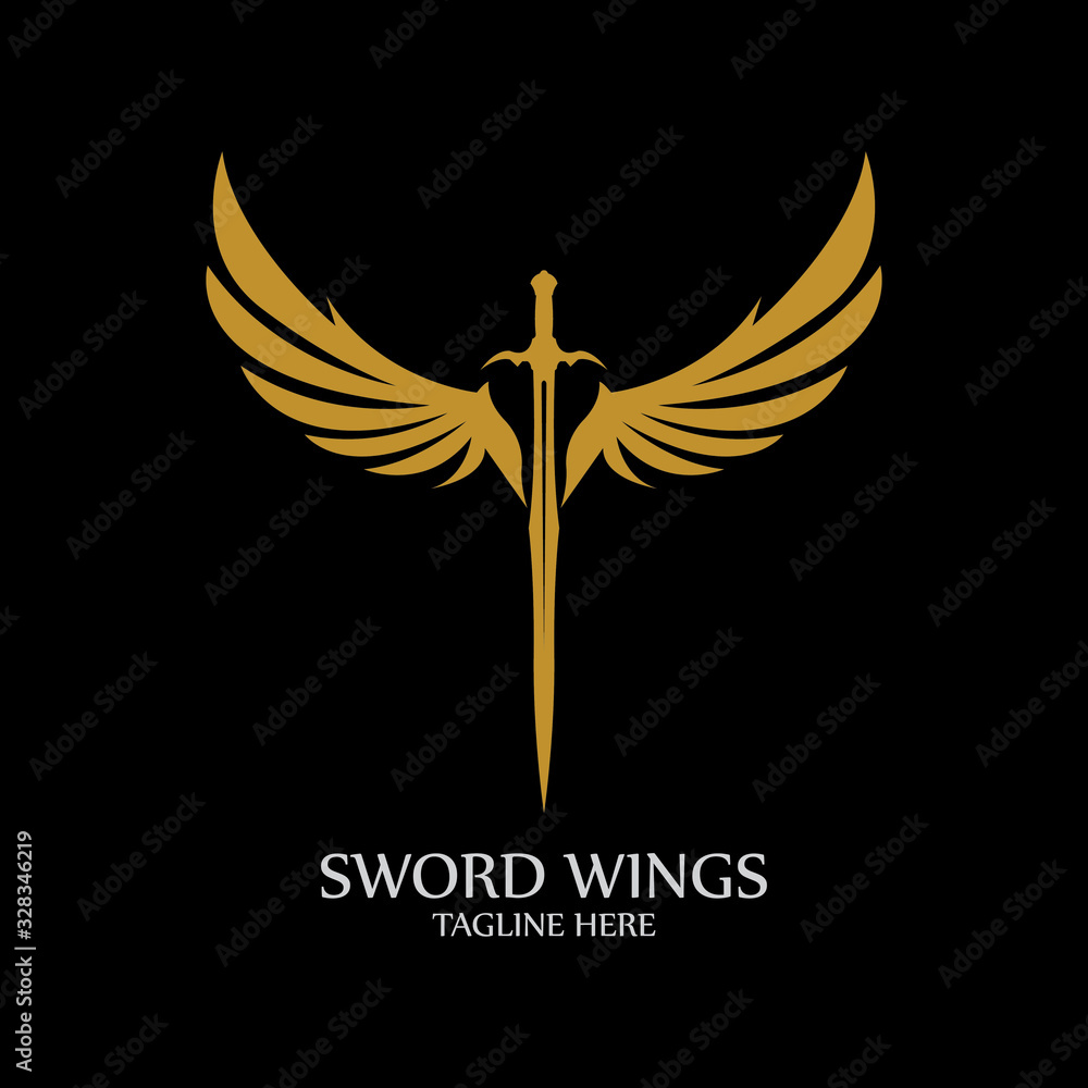 Sword with Wings. Golden Sword Symbol on Black Background. Stock Vector ...