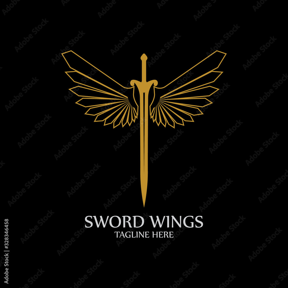 Sword with Wings. Golden Sword Symbol on Black Background. Stock Vector ...