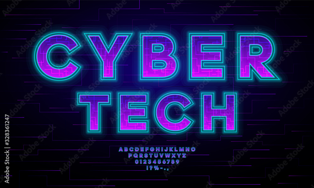 Cyber tech neon vector font. English letters and numbers design for ...