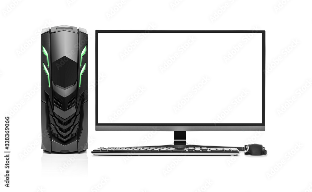 Desktop computer isolated on a white background with a blank white ...