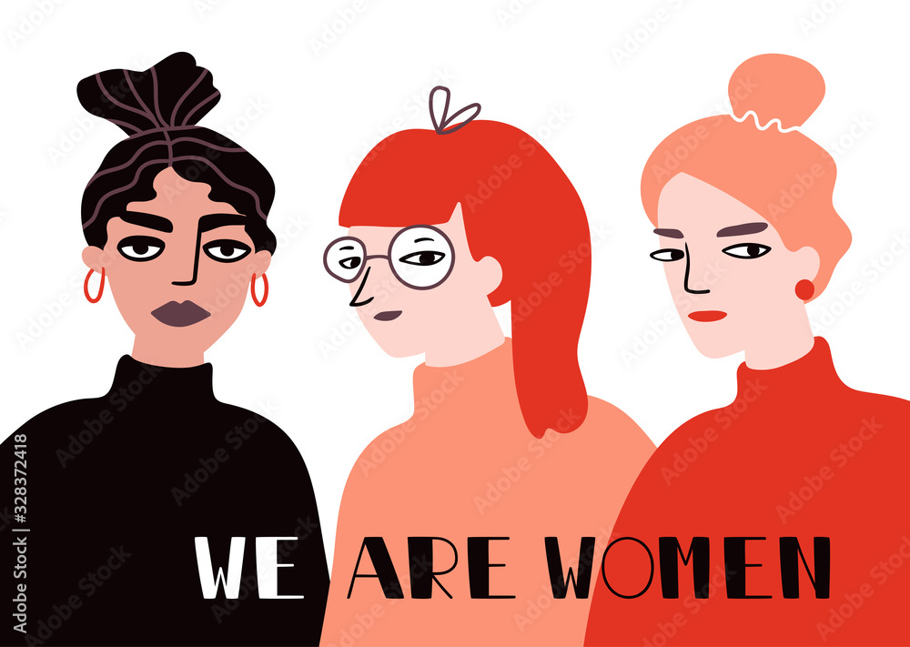Vector illustration group of strong women with different hair and skin ...