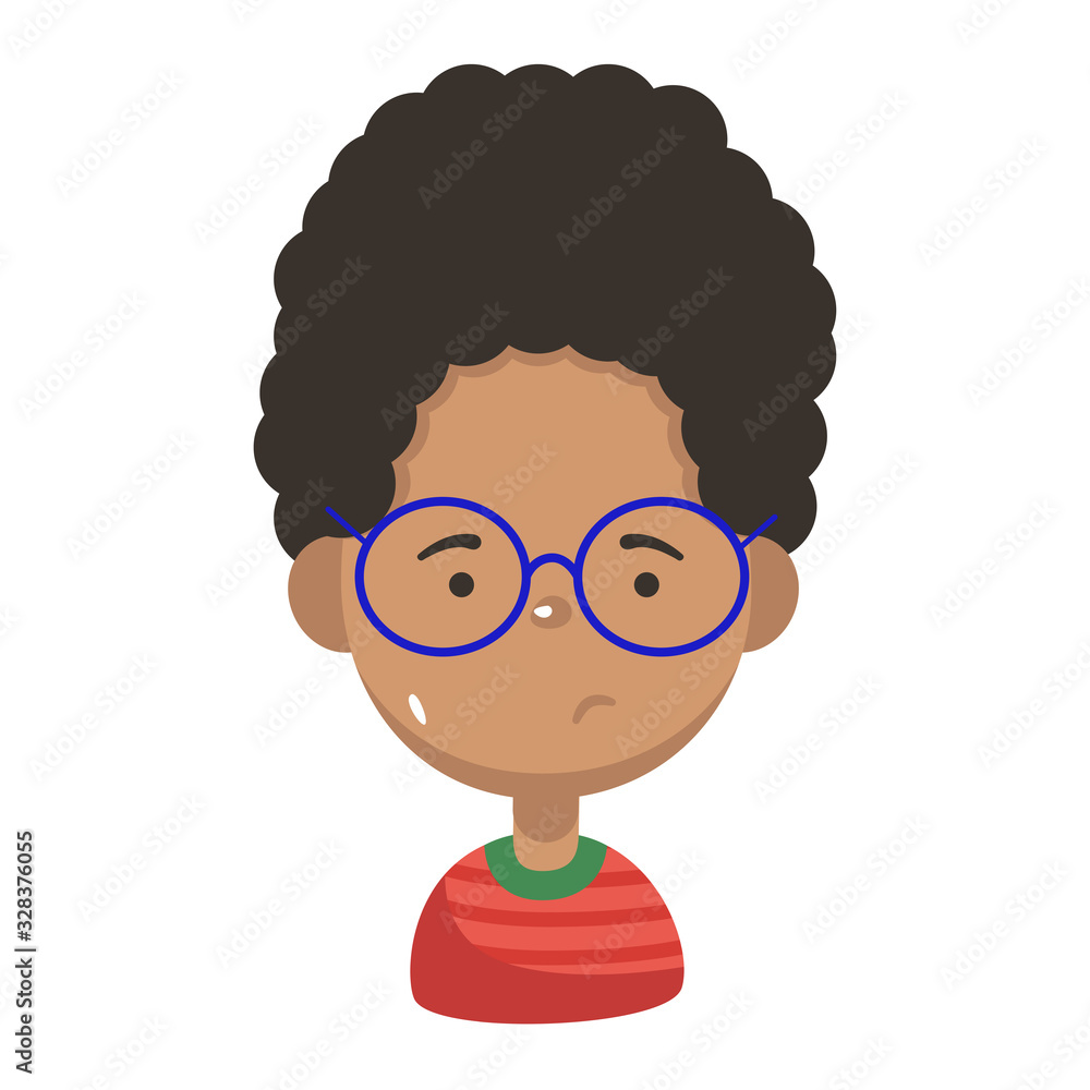 Cute sad cartoon black children portraits. African American boy ...