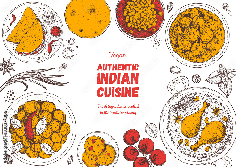 Indian food illustration. Hand drawn sketch. Indian cuisine. Doodle ...