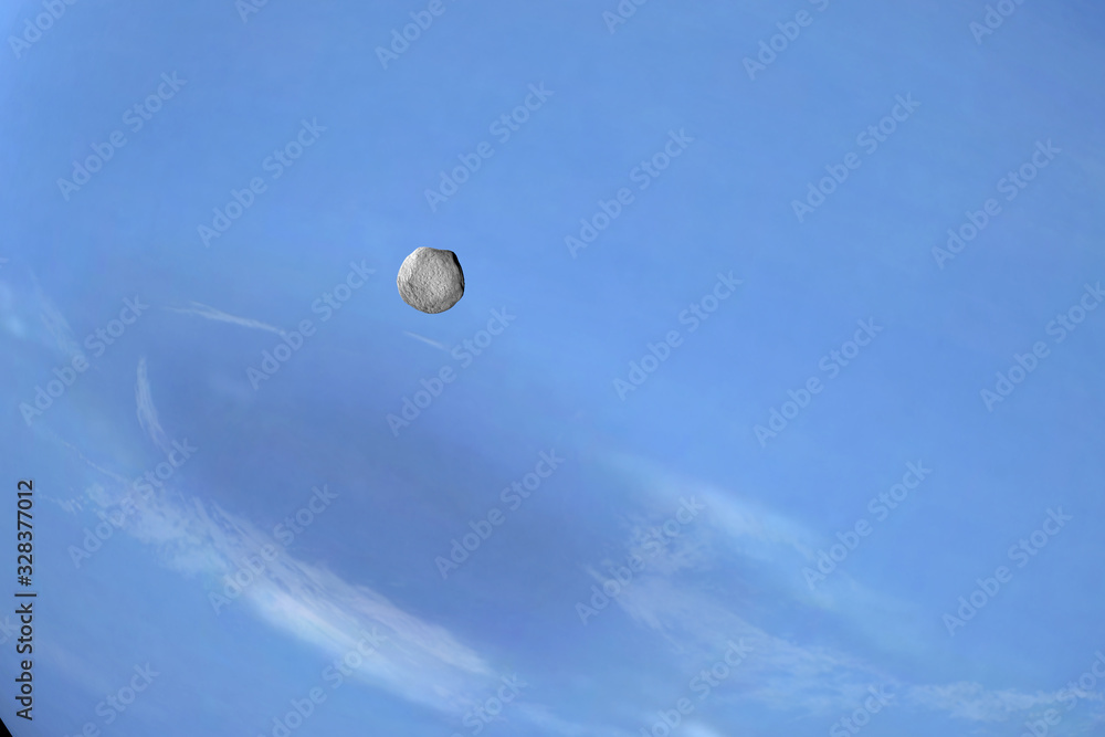 Proteus orbiting around Neptune planet. 3d render Stock Illustration ...