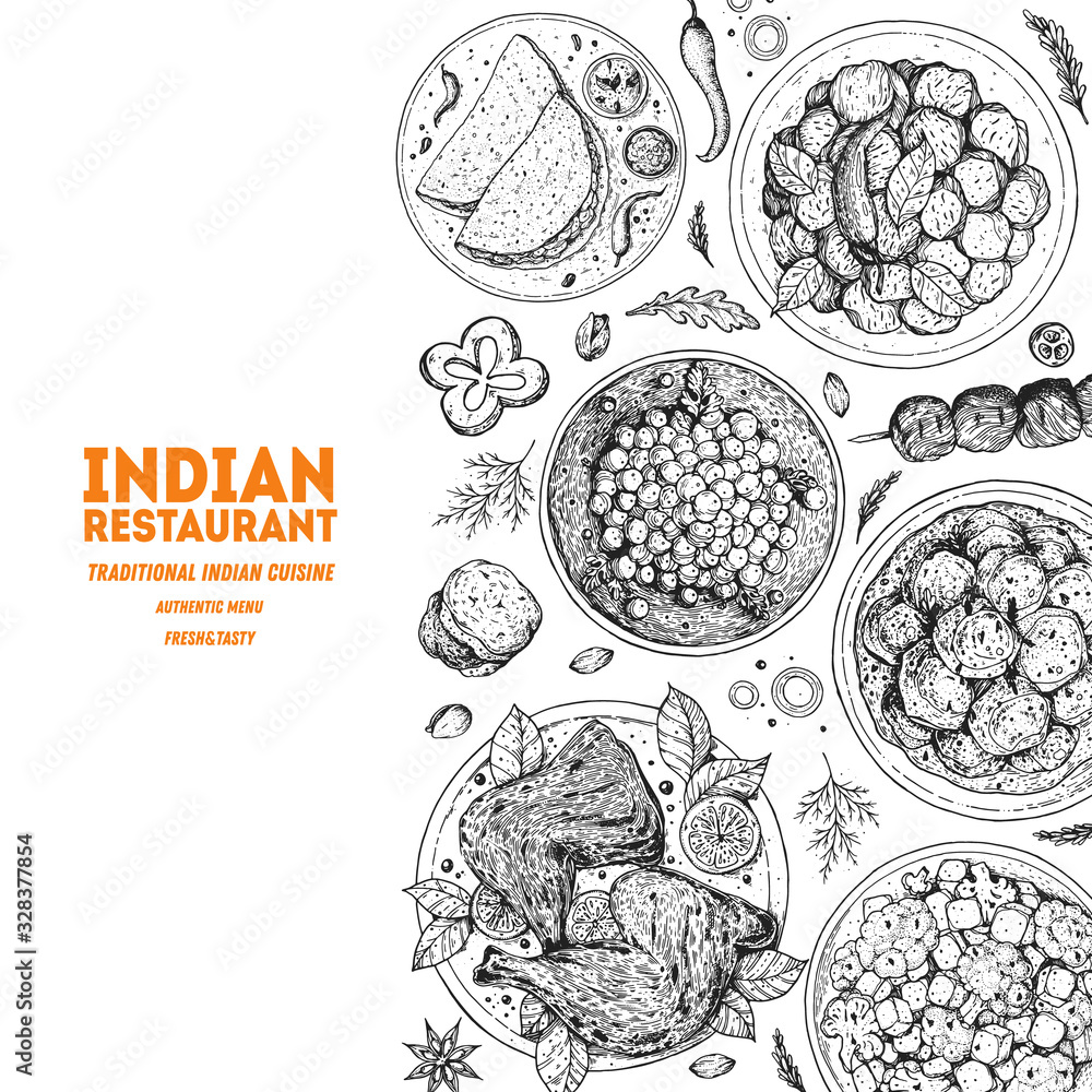 Indian food illustration. Hand drawn sketch. Indian cuisine. Doodle ...