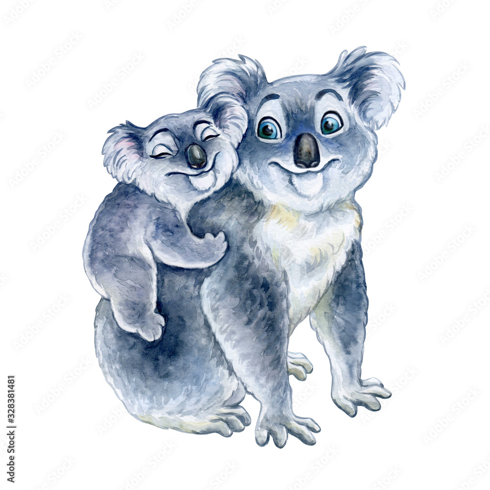 Koala mum and baby isolated on white background. Watercolor. Template ...
