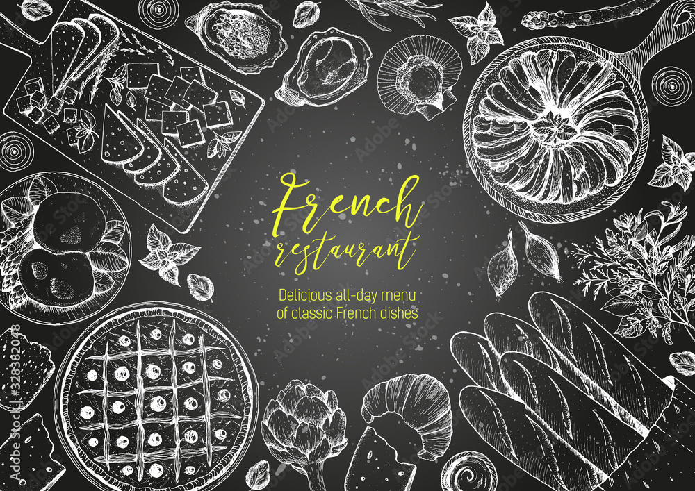 French cuisine top view frame. A set of classic French dishes with ...