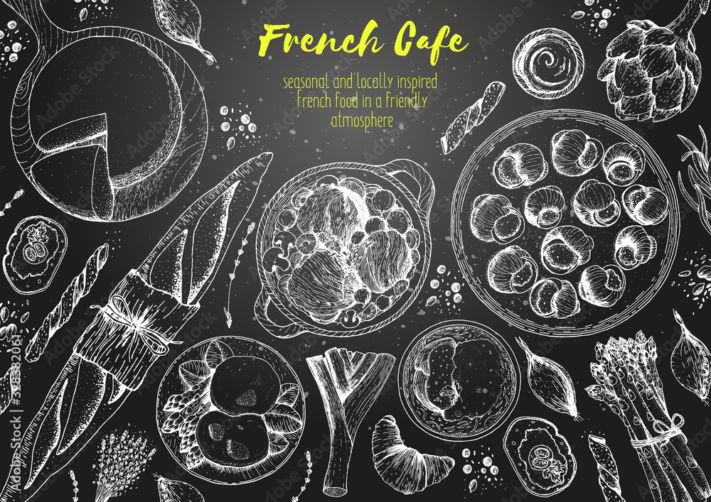 French cuisine top view frame. A set of classic French dishes with ...