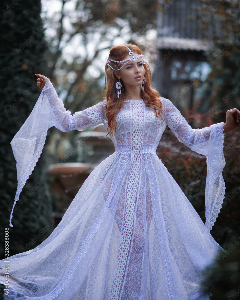 Portrait of amazing cute young woman with light red hair with jewelry ...