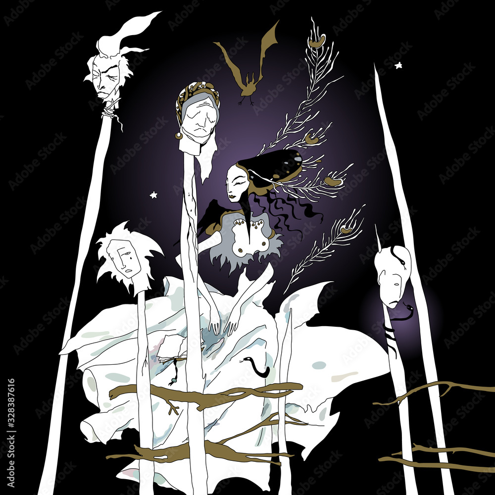 Isolated vector illustration. Fantastic scene. Beautiful enchantress ...