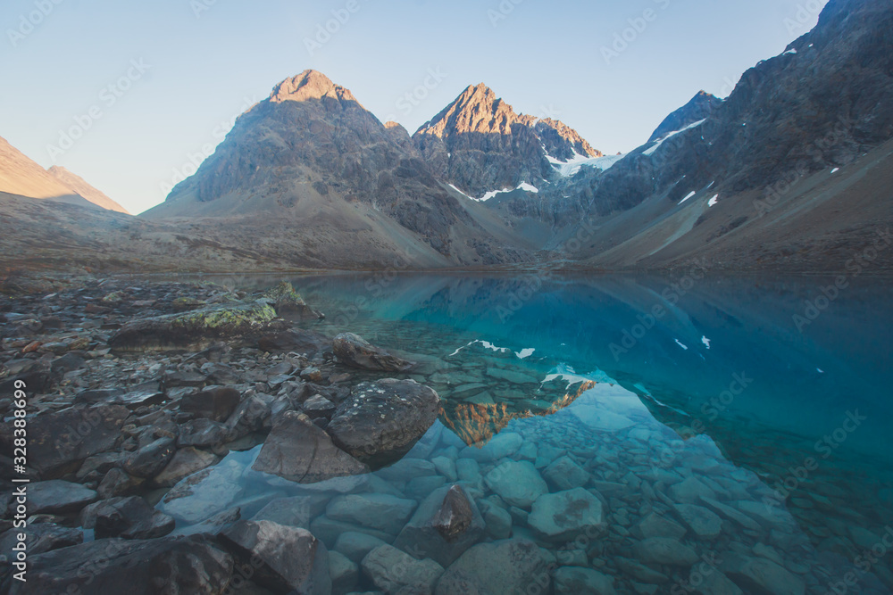 Beautiful wide view of Blavatnet - the norwegian glacial Blue Lake in ...
