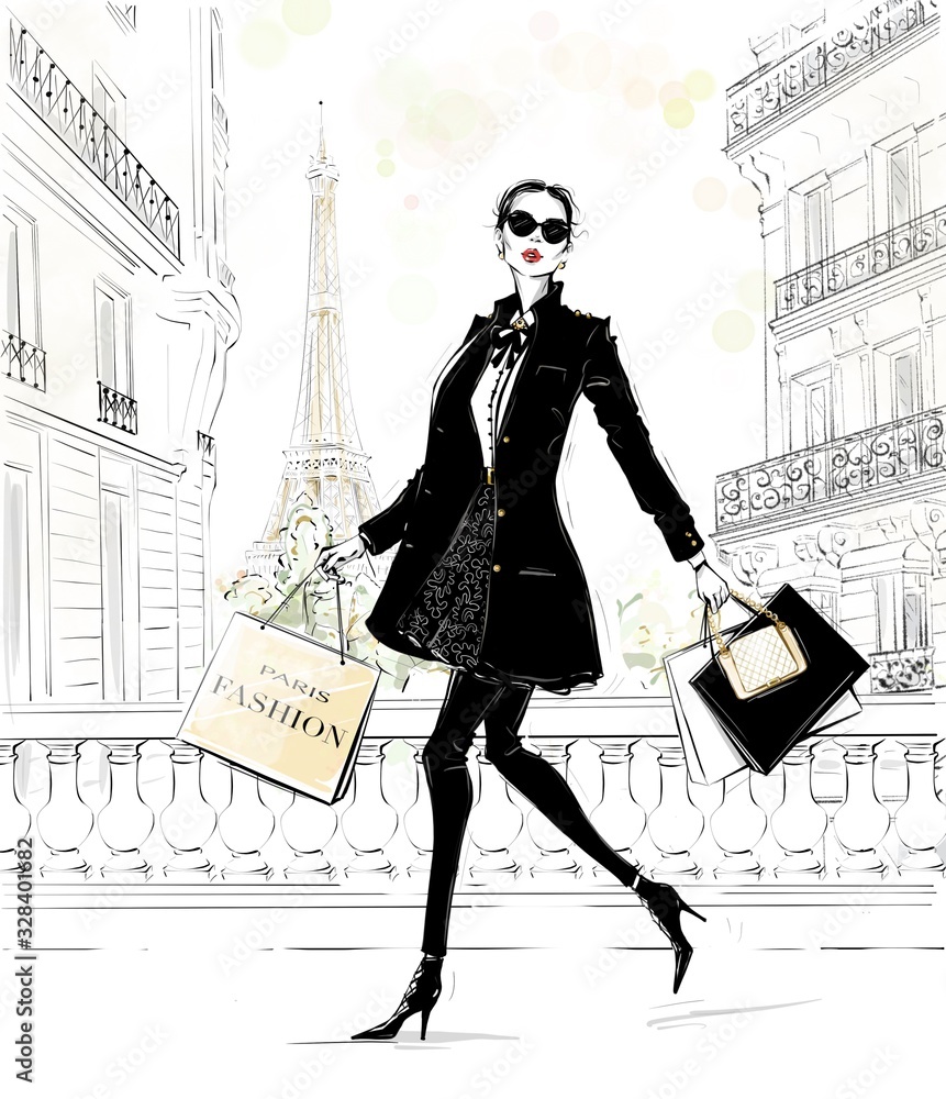 Hand drawn beautiful young woman with bags. Fashion look. Stylish girl ...
