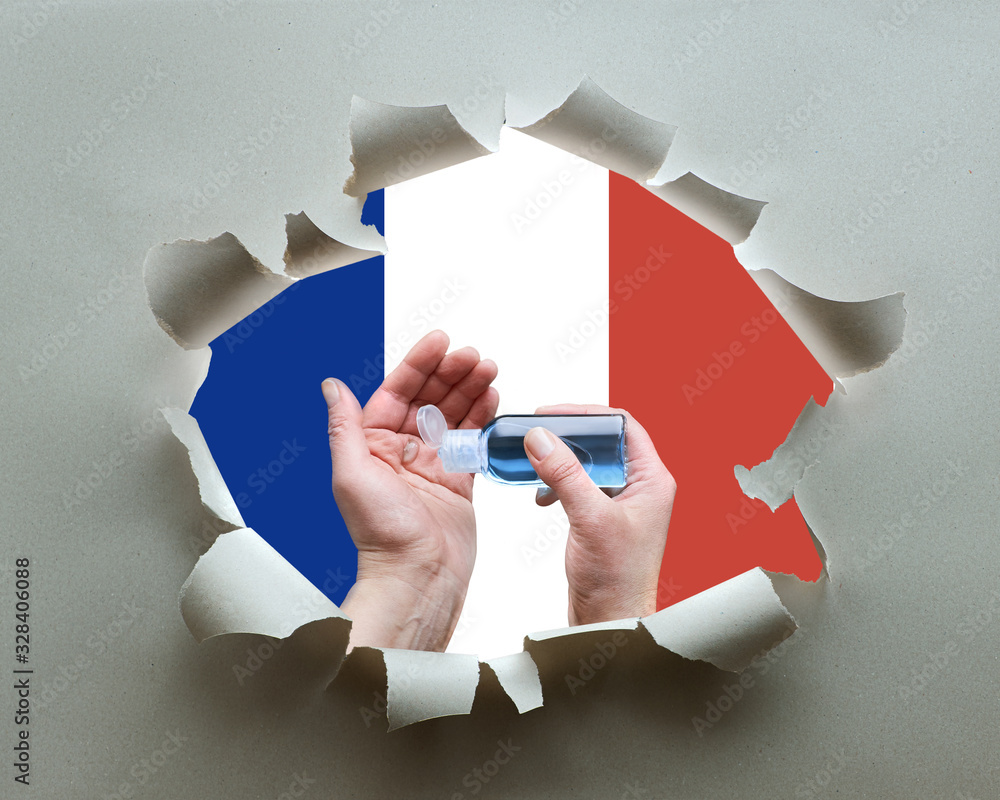 France fights against coronavirus. Hand hygiene with disinfection gel ...