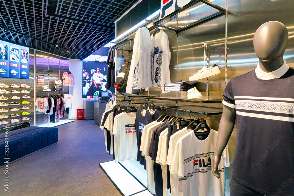 SHENZHEN, CHINA - CIRCA APRIL, 2019: interior shot of Fila store at a ...