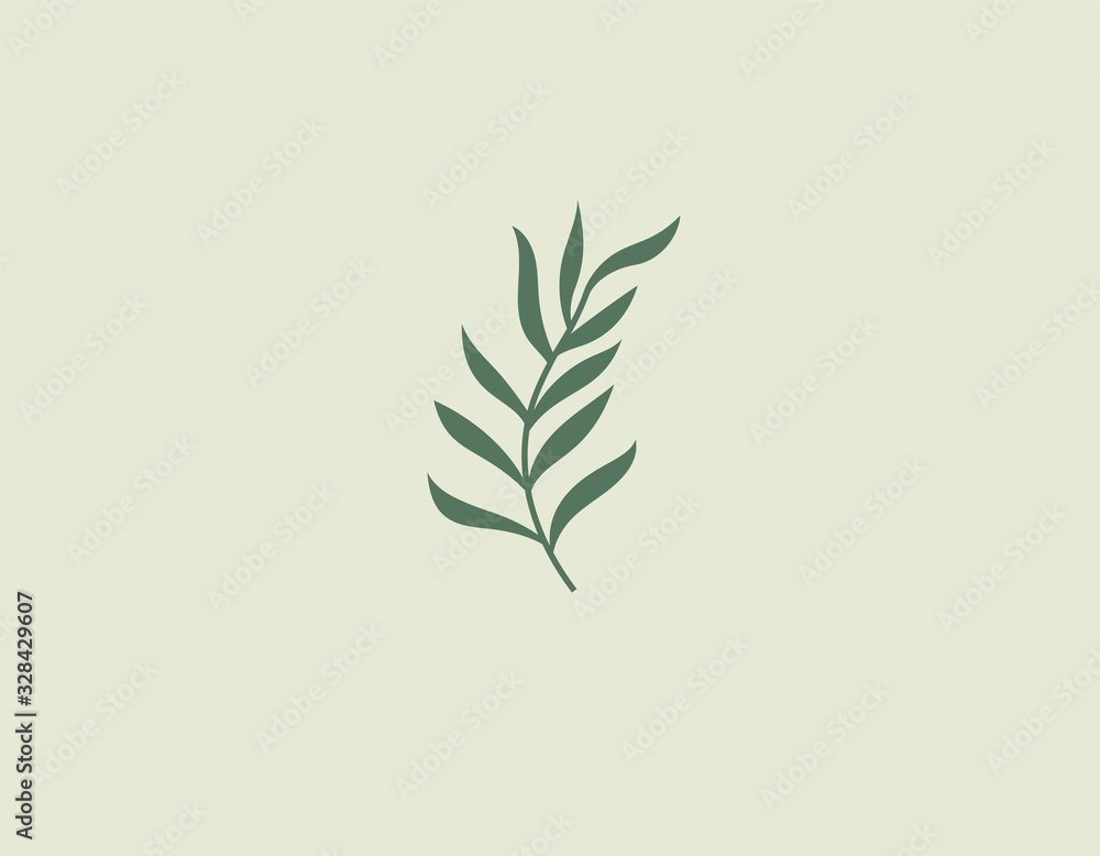 Abstract simple icon of green color sprig of plants with leaves for ...