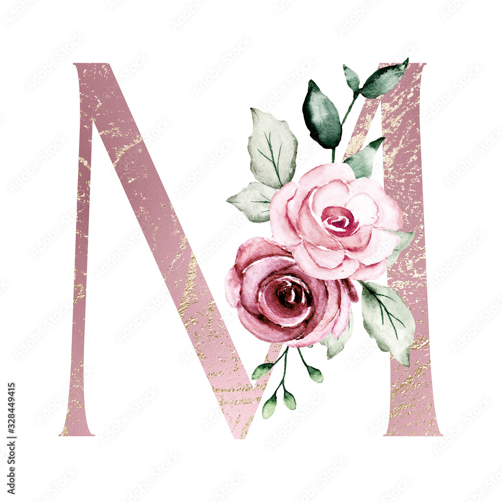 Letter M, botanical pink and gold monogram, floral alphabet with ...