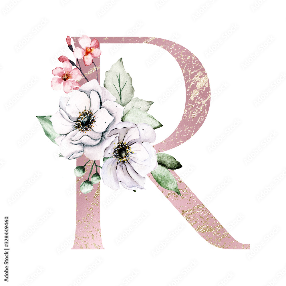 Letter R, botanical pink and gold monogram, floral alphabet with ...