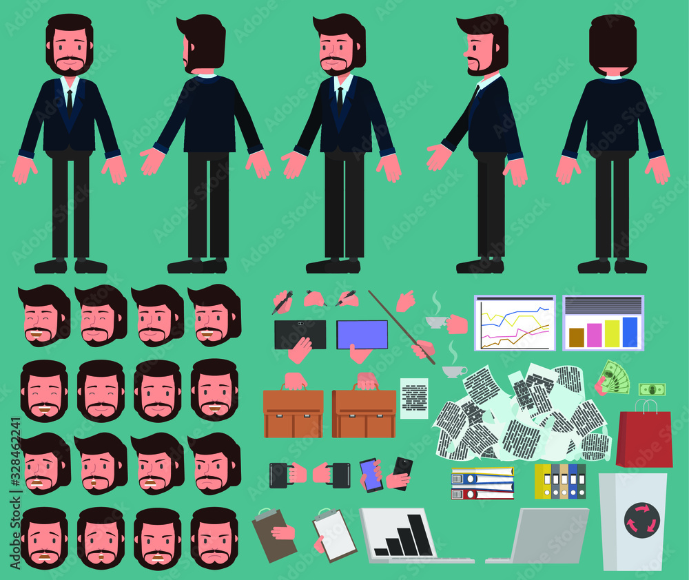 Male office worker, a set of parts for animation. (separate parts of ...