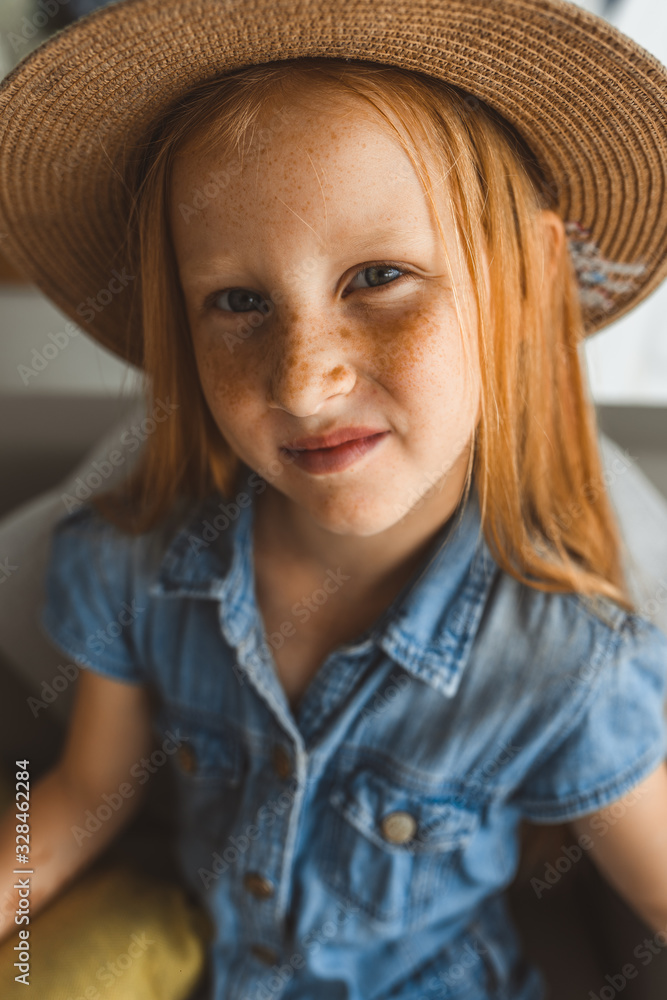 Little girl with red hair shows different emotions. Sadness, joy and ...