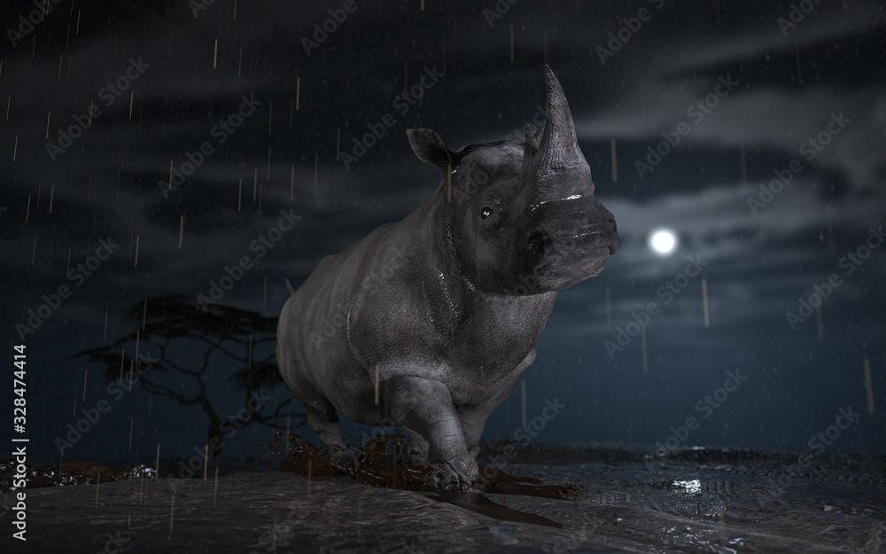 Under heavy rain this rhino looks sad and unhappy 3d rendering Stock ...