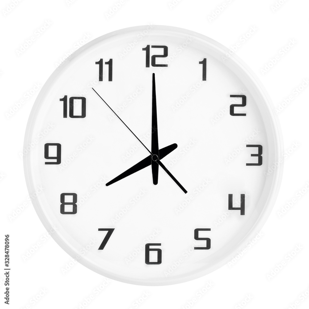 White round office clock showing eight o'clock isolated on white ...