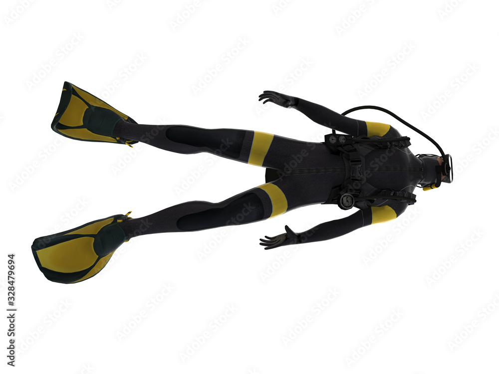 Bottom side view of isolated scuba diver white background ready cutout ...