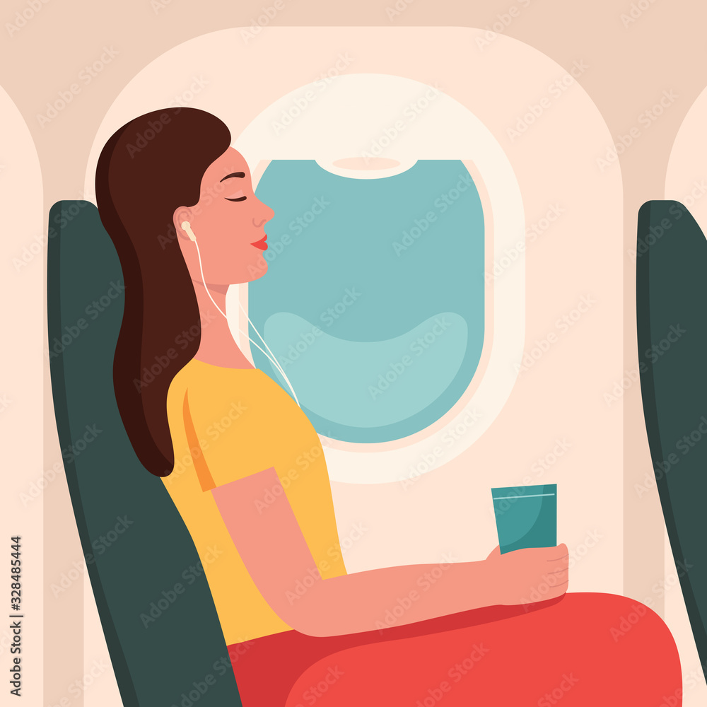 Young caucasian woman shocked by plane flight in the turbulent area ...