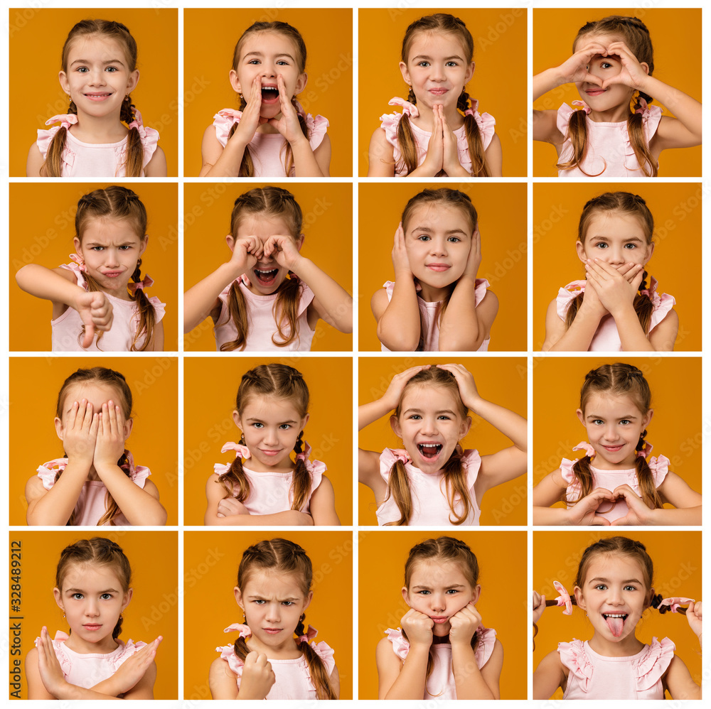 collage of portraits of little girl with different emotions on yellow ...