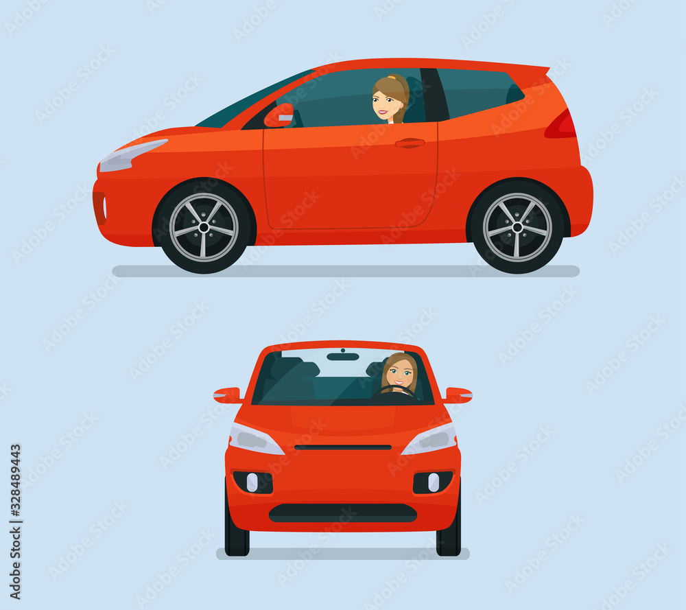 Micro car two angle set. Car with driver woman side view and front view ...