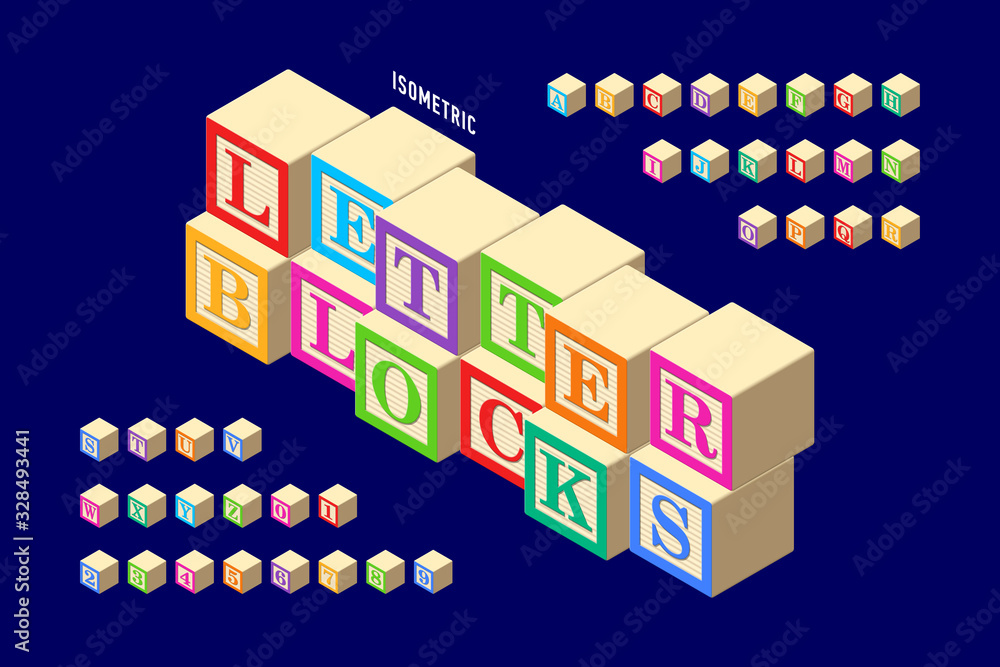 Isometric colorful wooden letter blocks alphabet, letters and numbers ...