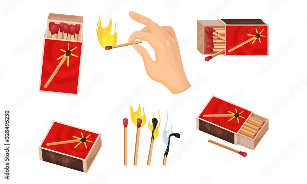 Matchboxes with Matches Inside and with Hand Striking a Match Vector ...