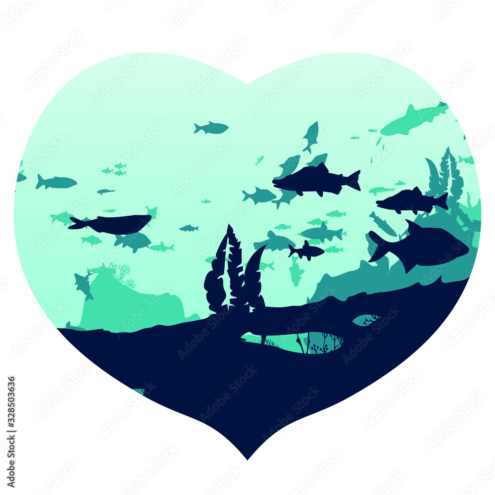 Silhouette of algae reef fish. Underwater scene of the ocean, sea ...