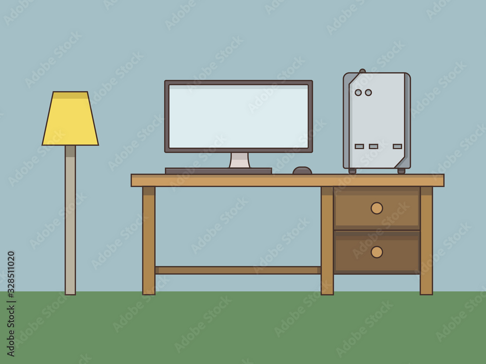 Vector of a computer with monitor and keyboard above desk. Workspace ...