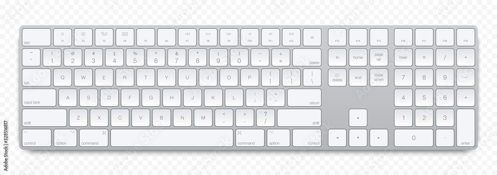 Realistic Silver color computer bluetooth keyboard on transparent ...