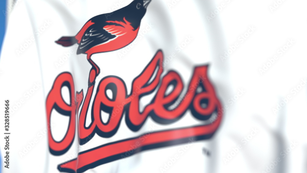 Flying flag with Baltimore Orioles team logo, close-up. Editorial 3D ...