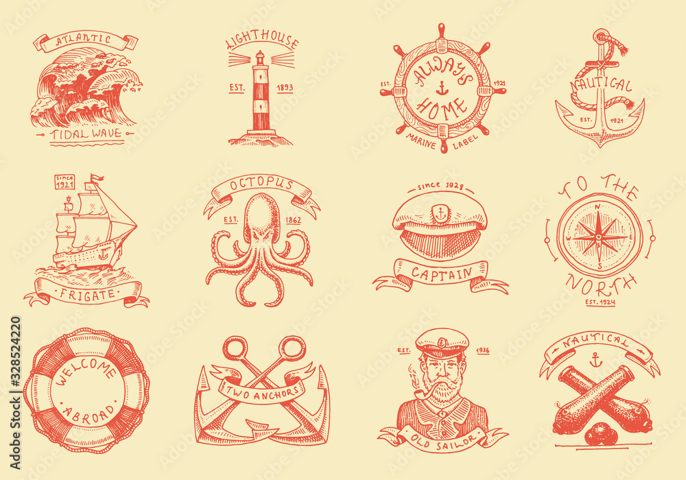 Marine and nautical emblems. Set of engraved vintage, hand drawn old ...